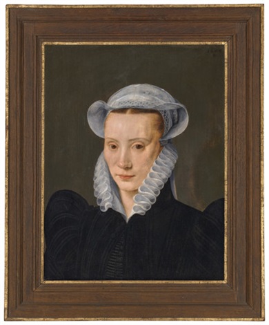 Portrait of a lady, bust-length, in a black dress with a white ruff and ...