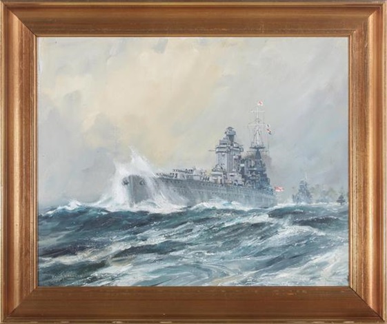 Three compositions depicting British warships by Frank Henry Mason on ...