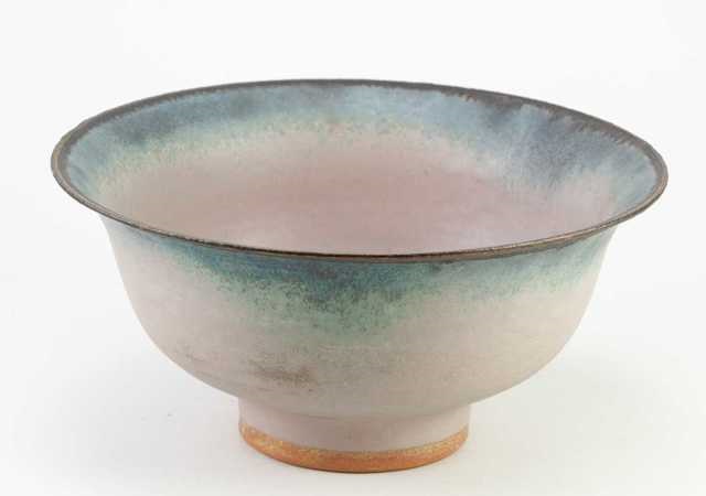 A Stoneware Bell Shaped Bowl Covered In Pink And Mottled Turquoise ...