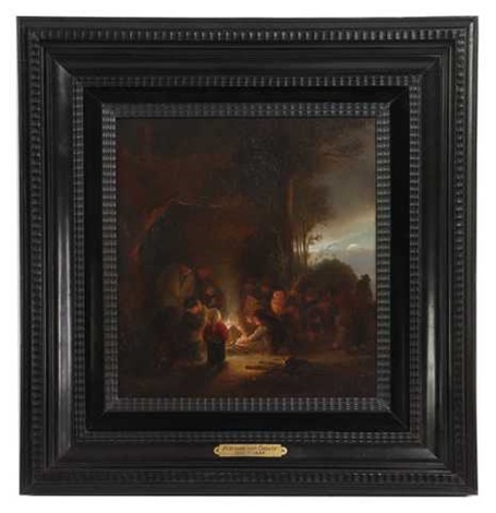 Figures gathered around a fire on the edge of a wood by Adriaen Jansz ...