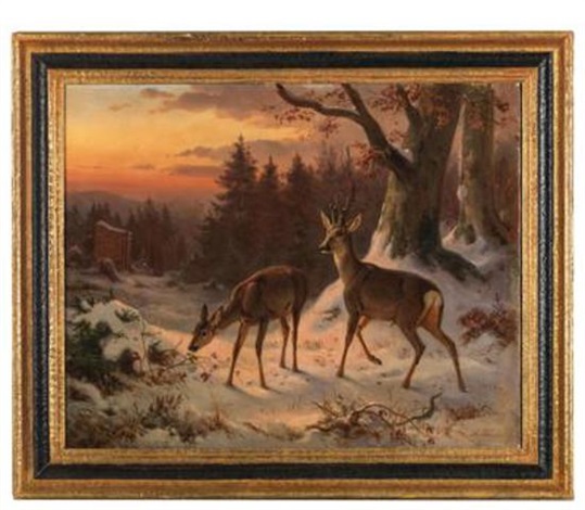 Rehe im Schnee bei Sonnenaufgang by Arthur Thiele on artnet