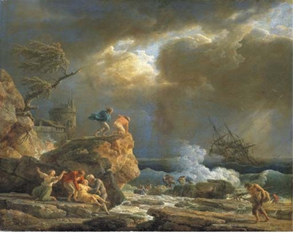 A Mediterranean rocky coastal landscape with survivors from a shipwreck ...