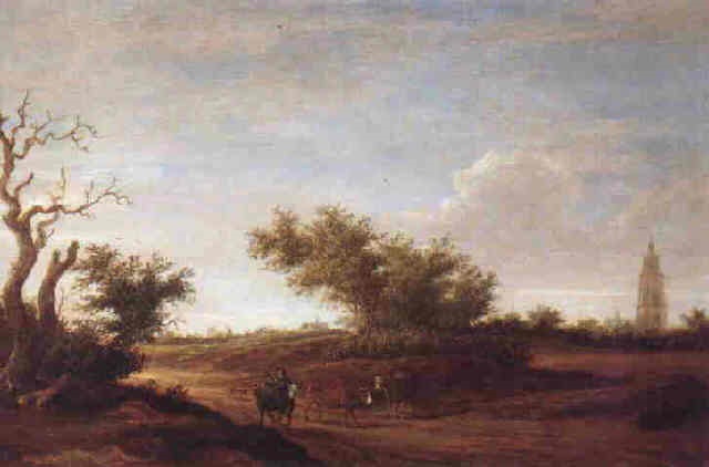 A cattle drover in a wooded dune landscape with church spires and ...