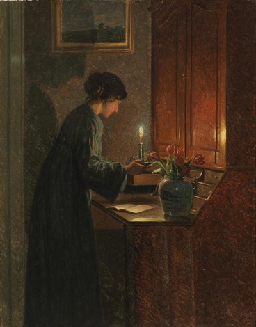 Interior with a woman by candlelight by Karl Harald Alfred Broge on artnet