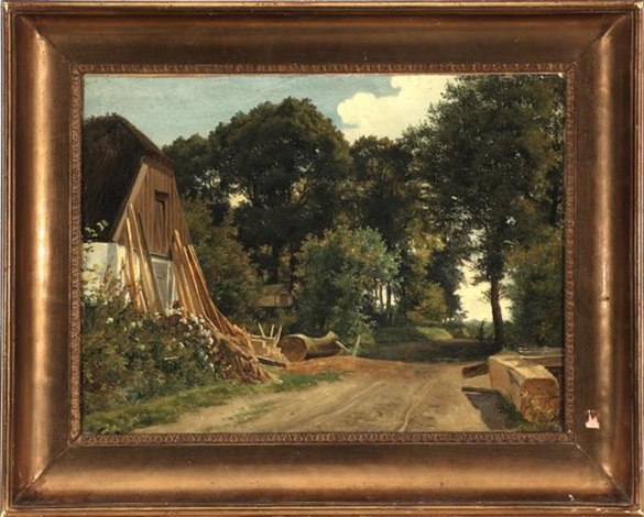 Sunshine on a white farm with blooming bushes by Frederik-Carl-Julius ...