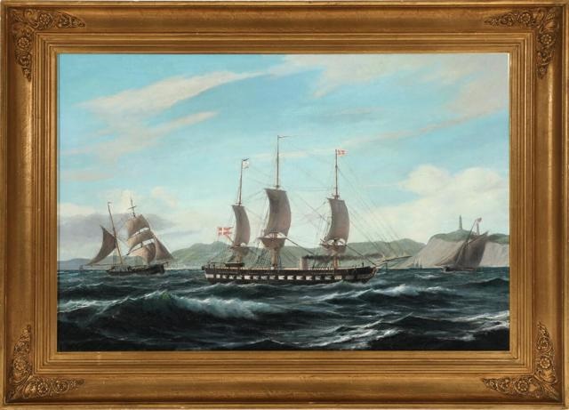 Coastal view with Fregatten Jylland and siling ships in heavy waves by ...