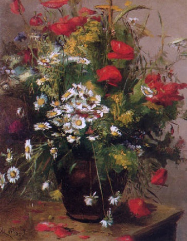 Still life with poppies and marguerites in a vase by Alfred-Benoit ...