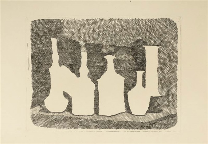 Still life of vases on a table by Giorgio Morandi on artnet