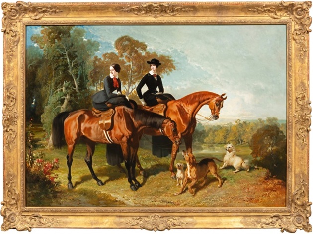 Lady Alice and Lady Blanche Egerton with three dogs by Alfred de Dreux ...