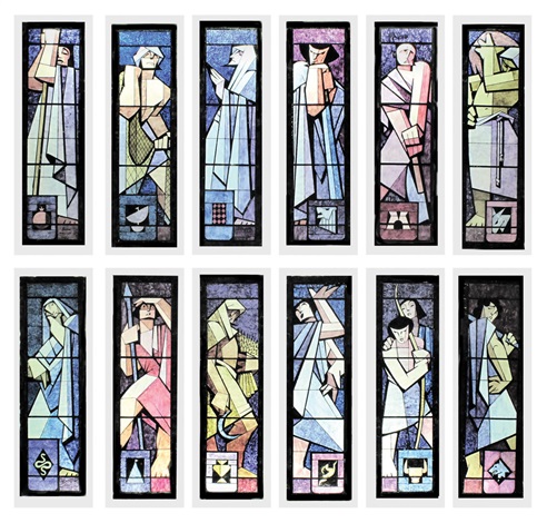 Twelve tribes Sketch for stained glass windows 12 works by Shalom Sebba ...