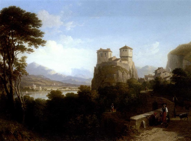 Figures and goats on a path leading from a village by a lake in an ...