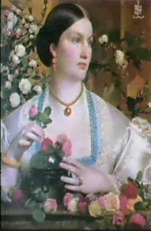 PORTRAIT OF LADY GRACE ROSE, BUST LENGTH, ARRANGING ROSES INAN INTERIOR by Anthony Frederick ...