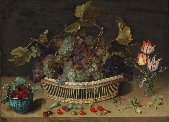 A still life of fruit and flowers with grapes in a wicker basket by ...