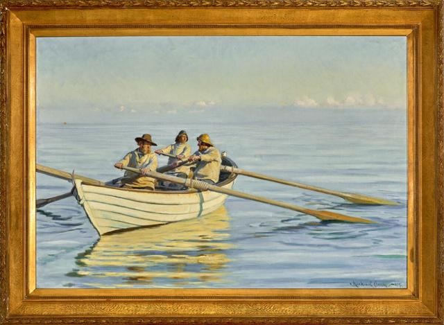Sommerdag paa Havet. Summer day at sea. Three fishermen in a rowing ...