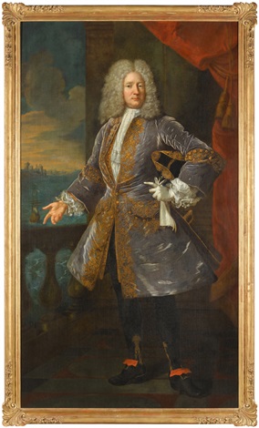 Portrait of a naval commander, full-length, wearing a grey embroidered ...