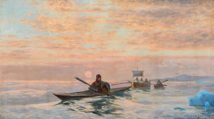 Greenlandic landscape with kayaks and womens boat at sunset by Julius ...