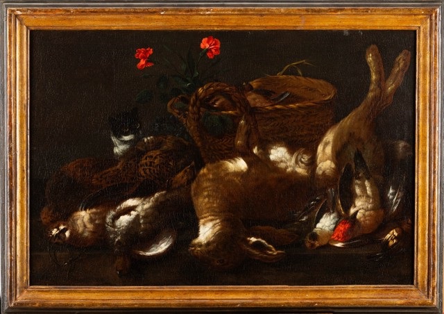 Natura morta con selvaggina, un gatto e una grande cesta con due garofani rossi by Simone del ...