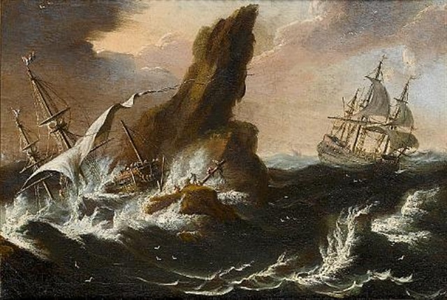 A rocky coastline with a ship foundering in stormy seas by Matthieu van ...