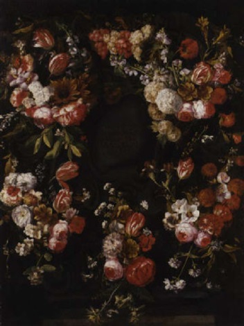 A garland of roses, tulips, carnations, narcissi, grapes and other ...