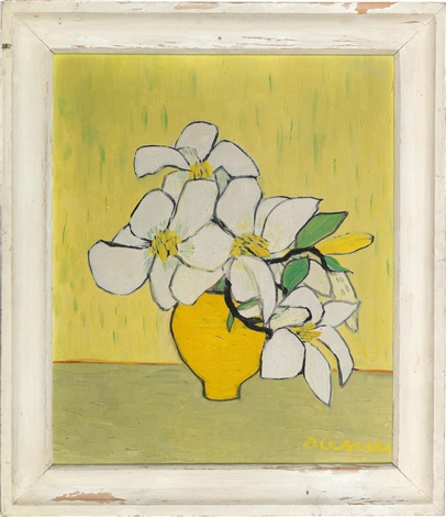 White magnolia in yellow vase on yellow background by Gerhild Diesner ...