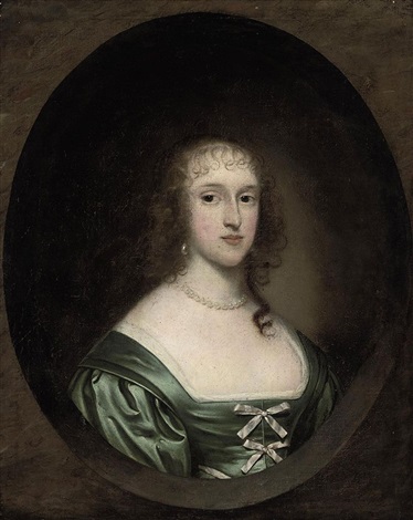 Portrait of a lady Lady Bowyer in a green dress with ribbons and a ...