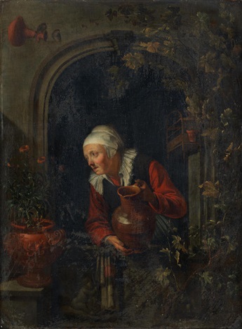 An elderly lady standing at a window holding an earthenware pitcher by ...