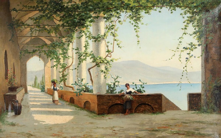 Two women under a pergola on the Italian coast by Harald Peter William ...