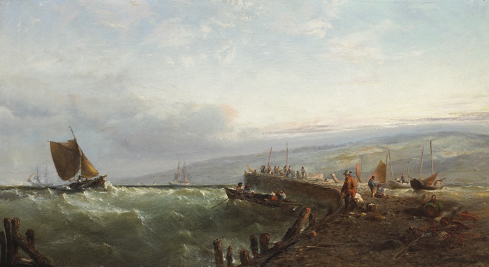 Fishing boat approaching a pier in heavy seas by Edwin Hayes on artnet
