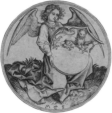 A shield with a lion passant guardant, supported by an angel by Martin ...