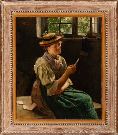 Portrait of a Young Woman Admiring a Valentine, 1887 by Emil Rau on artnet