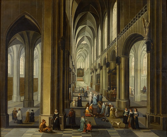 Cathedral interior with figures worshipping, promenading and giving ...