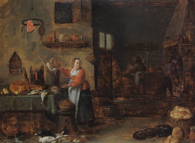 A kitchen interior with a maid holding a basket near a table laid with ...