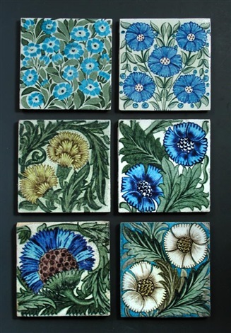 William de Morgan, a collection of fourteen floral decorated tiles, by ...