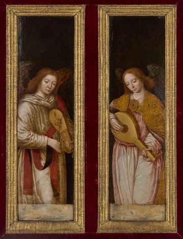 Two angels, one playing the lute, and the other plating the rebec by ...