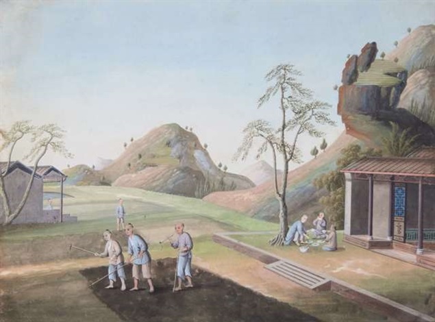 A group of five Chinese Export paintings depicting the manufacture of ...