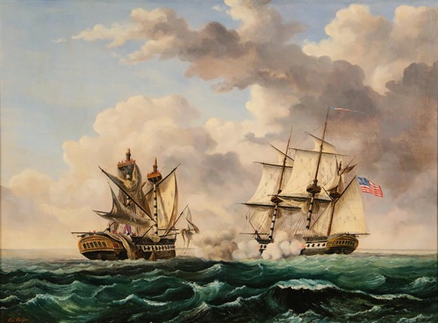 USS Constitution and HMS Java by Edward Beyer on artnet