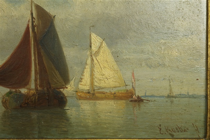 Rivierlandschap met vissersboten op kalm water by Everhardus Koster on ...