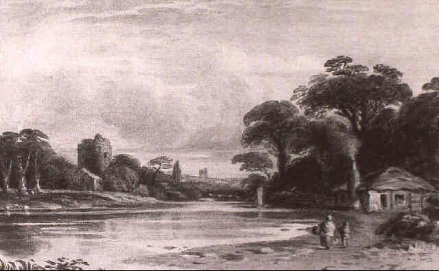 River landscape with cottage and distant castle by John Varley the ...