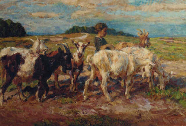 Young boy herding goats in a summer landscape by Ernst Paul on artnet