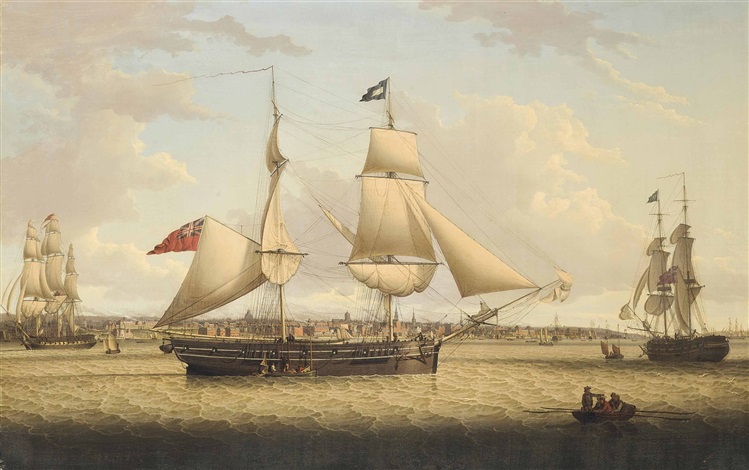 A 16-gun brig, probably a privateer, in two positions on the Mersey ...