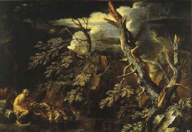 A rocky wooded landscape with Jacob watering Labans Flock by Salvator ...