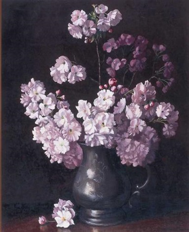 Blossom in a pewter jug by Albert James Sherman on artnet
