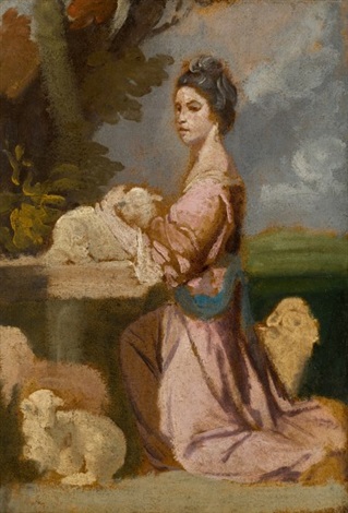 Portrait of Lady Mary Leslie 1753-99, full-length, with lambs in a ...