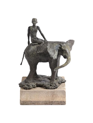 A SIGNED LIMETED EDIITON BRONZE MODEL OF A BOY RIDING AN ELEPHANT by ...
