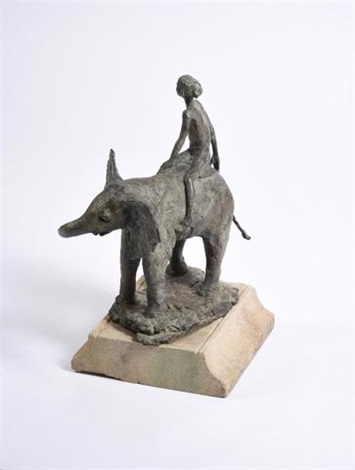 A SIGNED LIMETED EDIITON BRONZE MODEL OF A BOY RIDING AN ELEPHANT by ...