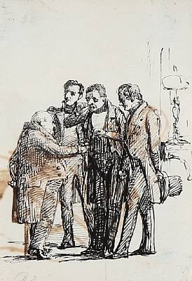 Four men talking and Reading man, Two men at a table recto and Standing ...