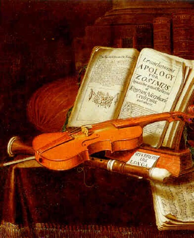 Still life with a violin, a recorder, a lute, books and music by Edward ...
