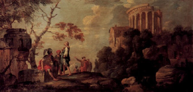 A capriccio of Roman ruins with a view of Sybils Tomb at Tivoli with ...