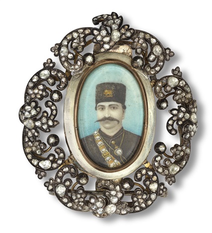 A miniature portrait of Nasr al-Din Shah Qajar reg. 1848-96 in a ...
