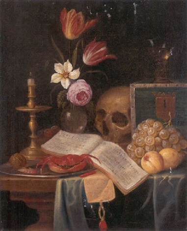 A vanitas still life of a candle, a vase of flowers, a skull, a roemer ...